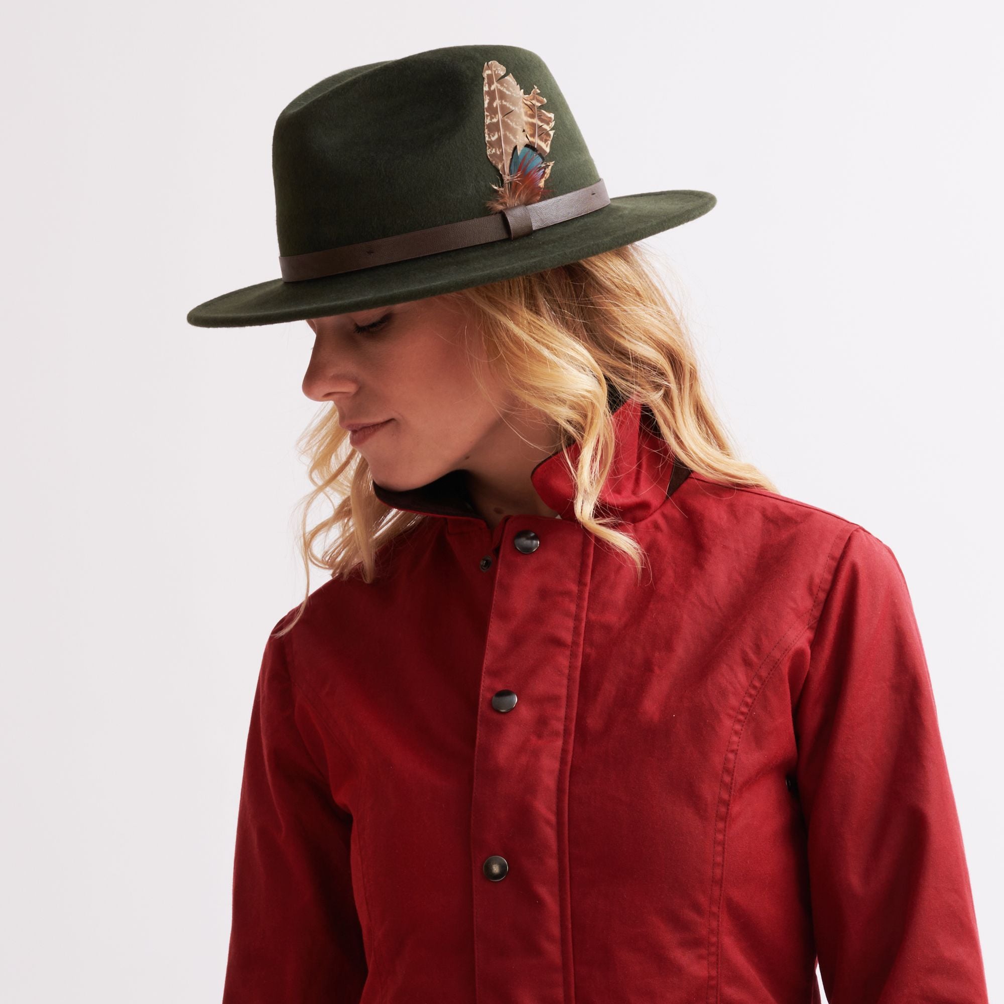 Olive Brushed Wool Feather Fedora | Ladies Country Clothing | Cordings
